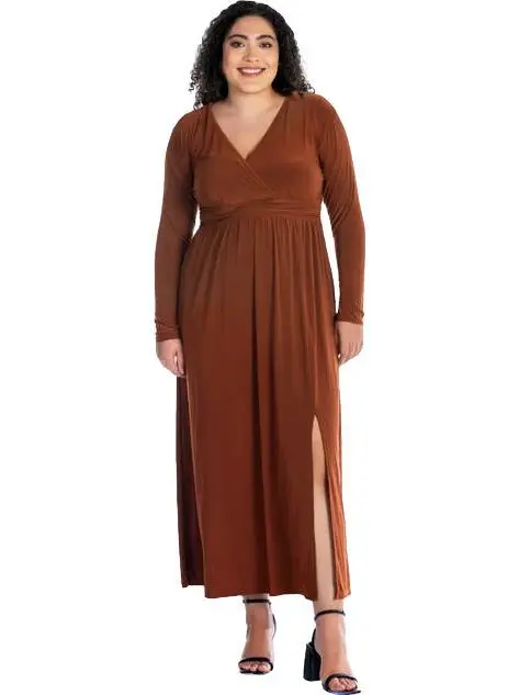 24SEVEN COMFORT APPAREL Long Sleeve V Neck Maxi Dress With Slit - Tobacco