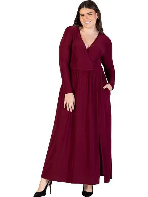 24SEVEN COMFORT APPAREL Long Sleeve V Neck Maxi Dress With Slit - Wine