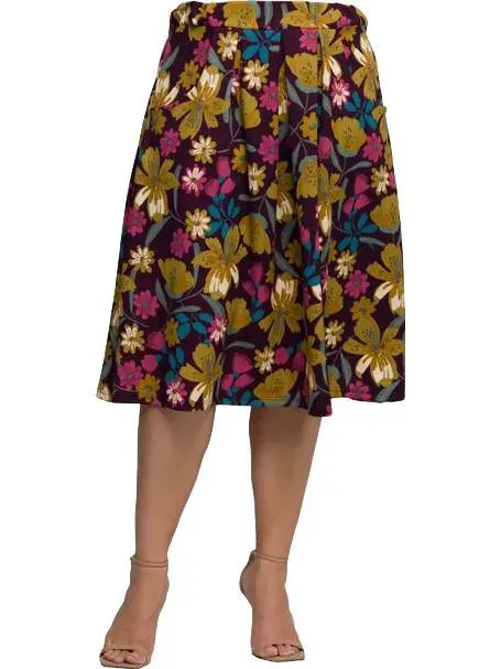 24SEVEN COMFORT APPAREL Floral Print Elastic Waist Midi Skirt - Purple Multi