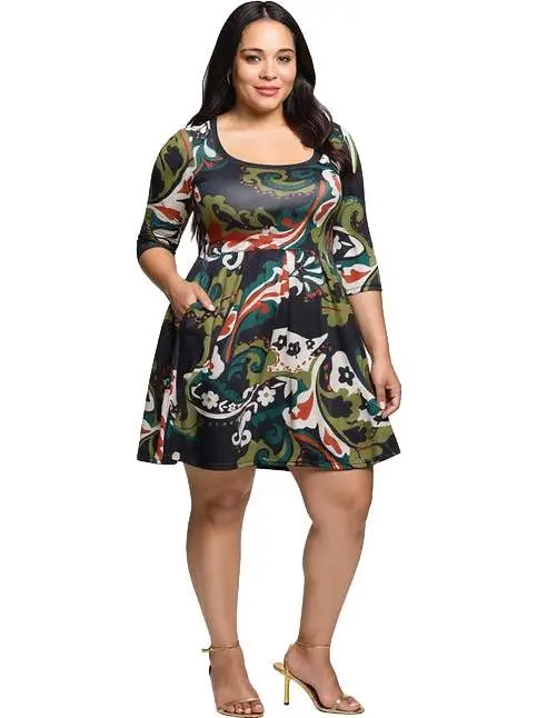 24SEVEN COMFORT APPAREL Paisley Fit And Flare Dress - Green Multi