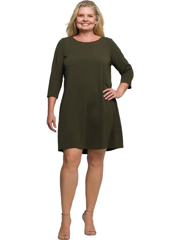 24SEVEN COMFORT APPAREL A-line Knee Length Dress With 3/4 Sleeves - Olive
