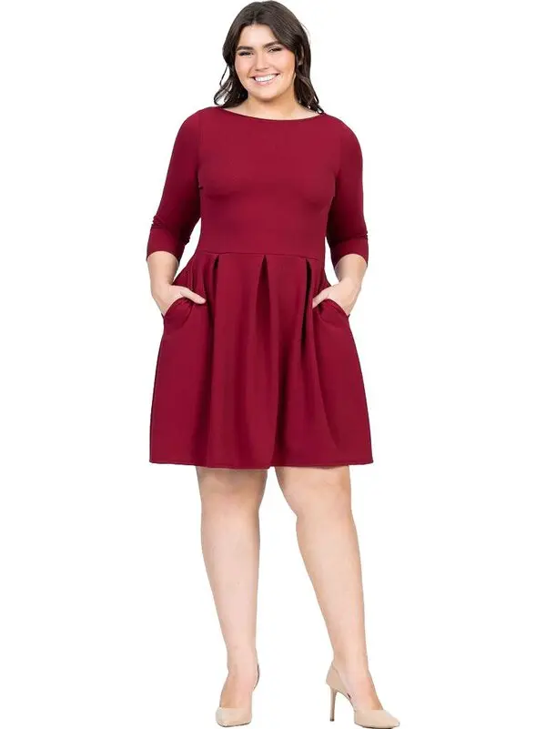 24SEVEN COMFORT APPAREL Fit And Flare Pocket Dress - Burgundy