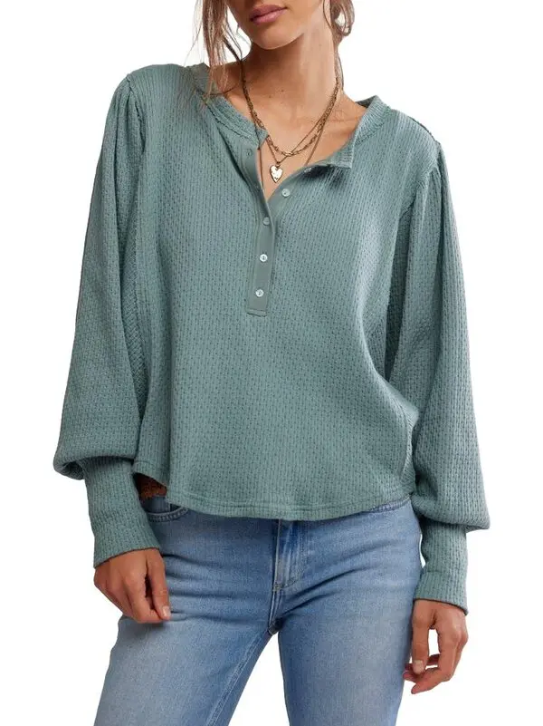Free People Quinn Rib Henley Top - Jade Ash