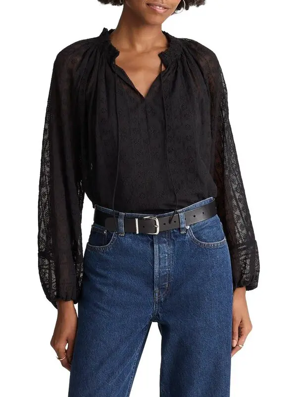 Madewell Embroidered Tie Neck Long Sleeve Top - Jet Black