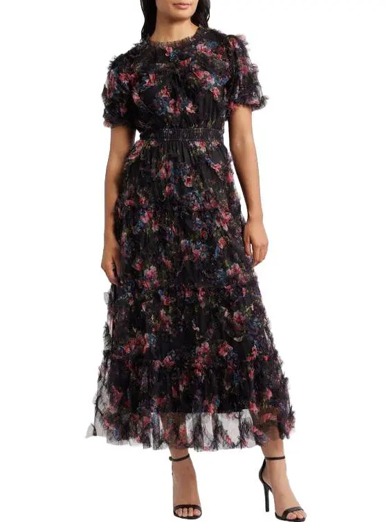 ZOE AND CLAIRE Floral Print Ruffle Mesh Maxi Dress - Black Multi