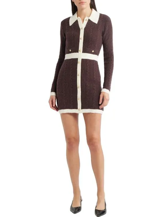 ZOE AND CLAIRE Long Sleeve Cable Stitch Sweater Dress - Brown/ivory