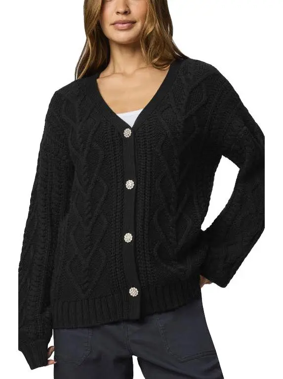Splendid Harlow Hearts Rhinestone Cable Stitch Cardigan - Black