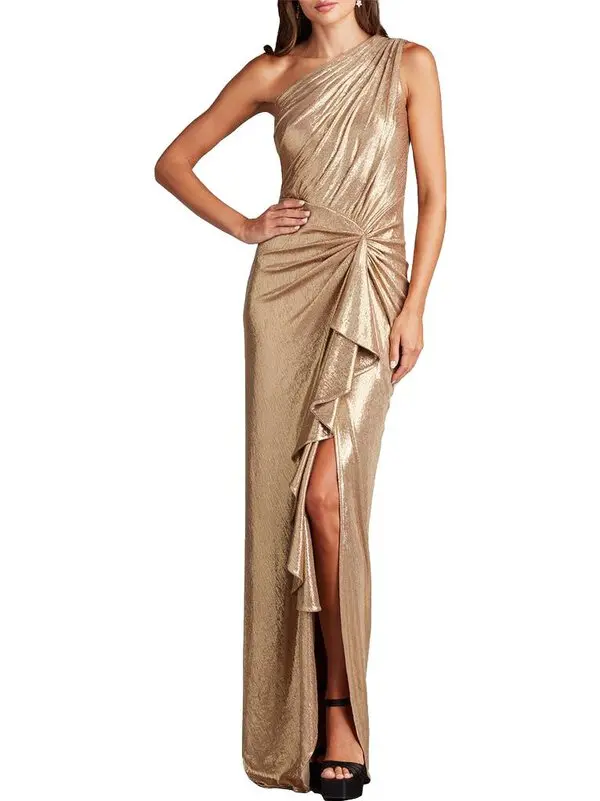 Tadashi Shoji Foil Ruffle One-shoulder Gown - Gold Dust