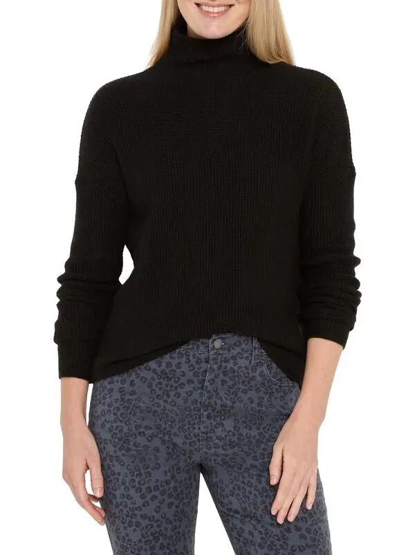 NIC+ZOE Waffle Stitch Funnel Neck Sweater - Black Onyx