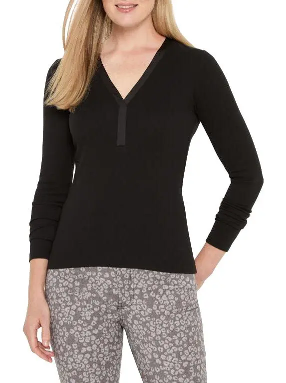 NIC+ZOE Trimmed Knit Rib V-neck Top - Black Onyx
