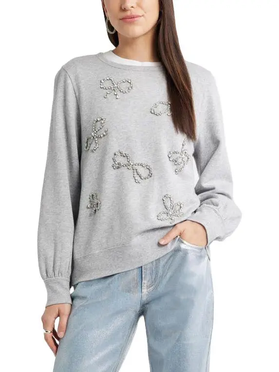 Caslon Crystal Bow Embellished Sweatshirt - Grey Heather Bow Embellishment