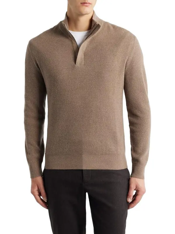 Canali Quarter Zip Wool & Cashmere Blend Sweater - Med Beige