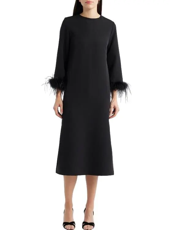 LUCY PARIS Feather-trim Long-sleeve Midi Dress - Black