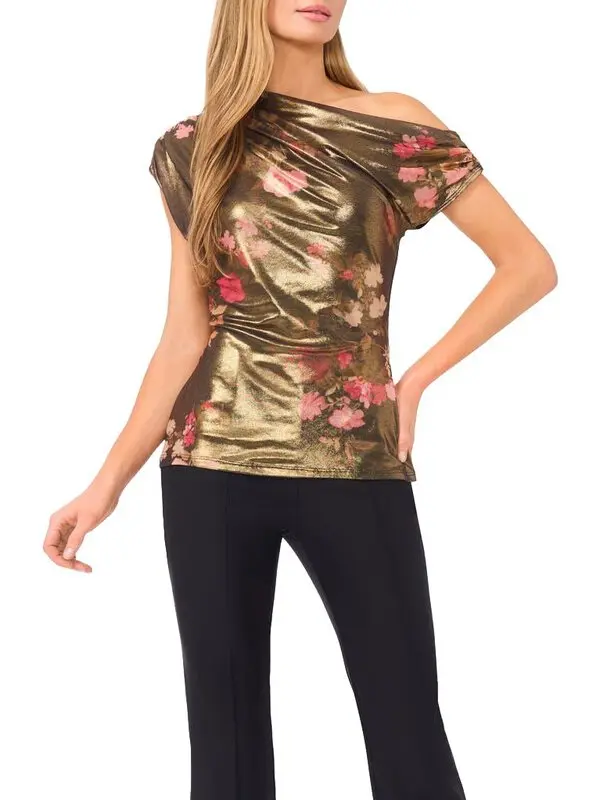 Ted Baker London Metallic Floral One-shoulder Top - Red Dahlia