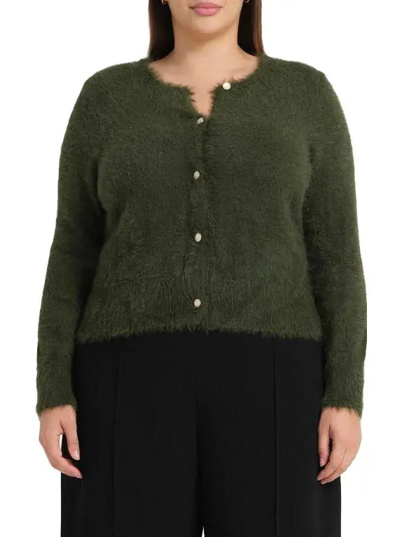 ESTELLE Camille Fuzzy Crewneck Cardigan - Olive