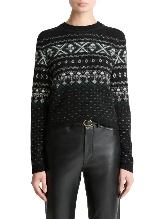 Vince Fair Isle Boiled Cashmere Sweater - Black/off White Comb