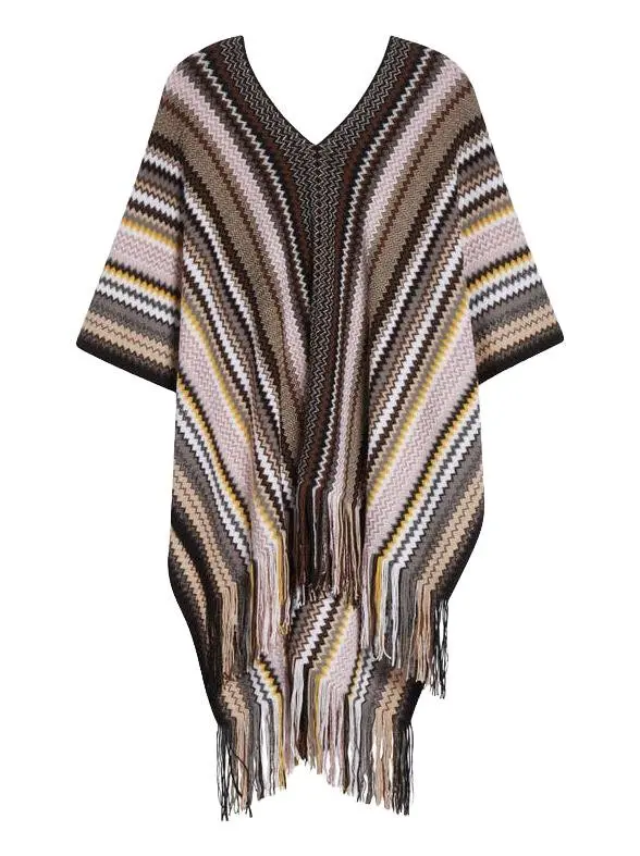 Missoni Zigzag Metallic Wool Blend Fringe Poncho - 0001 Brown Multi