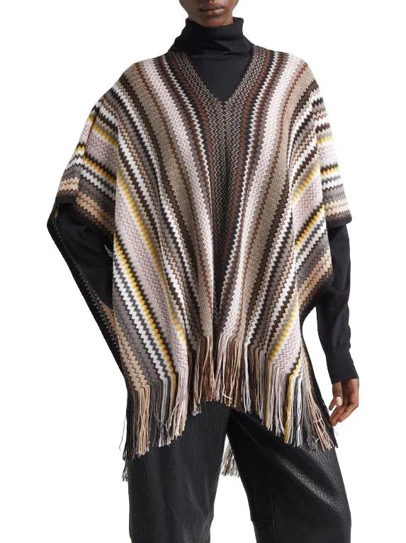 Missoni Zigzag Metallic Wool Blend Fringe Poncho - 0001 Brown Multi