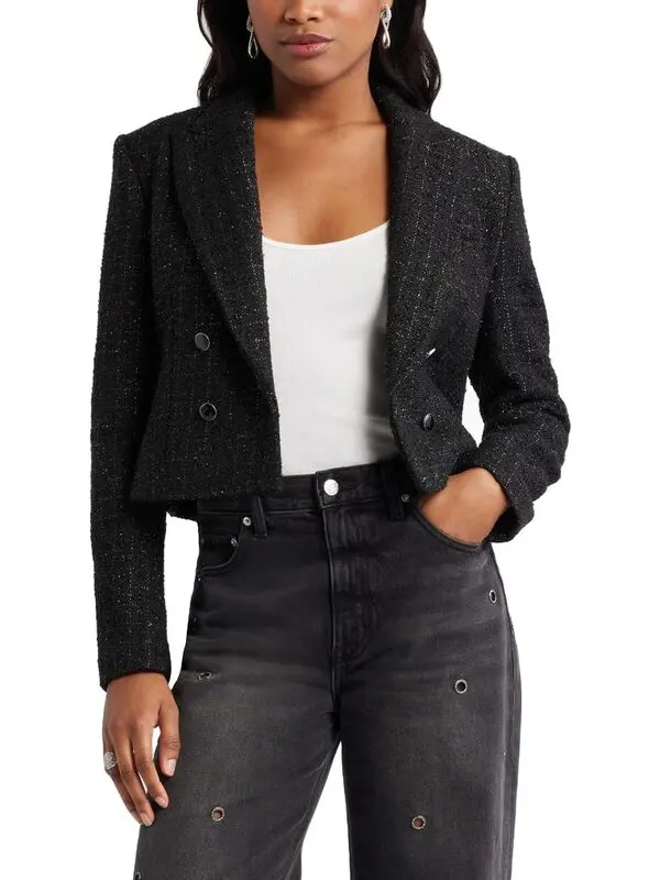 OPEN EDIT Crop Double Breasted Tweed Blazer - Black