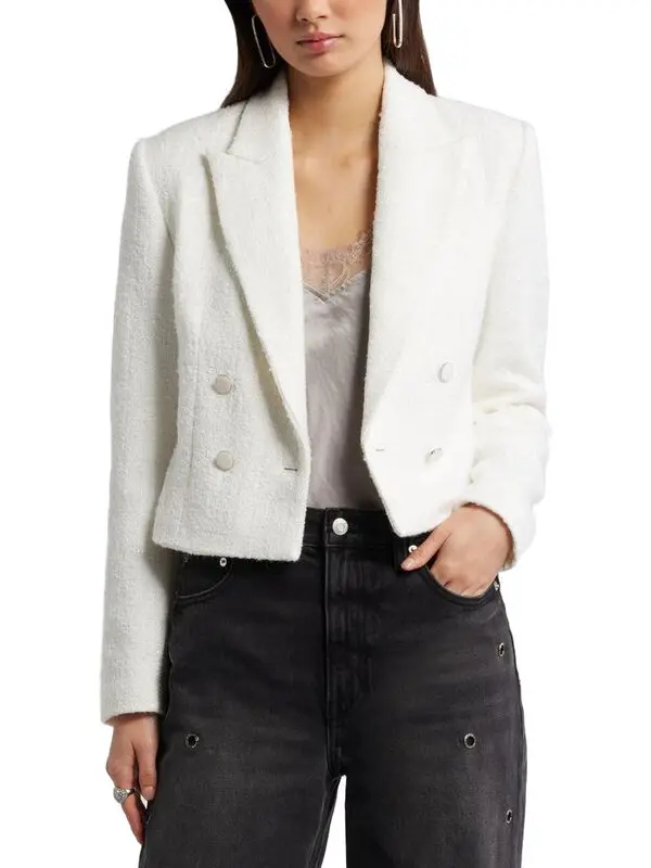 OPEN EDIT Crop Double Breasted Tweed Blazer - Ivory