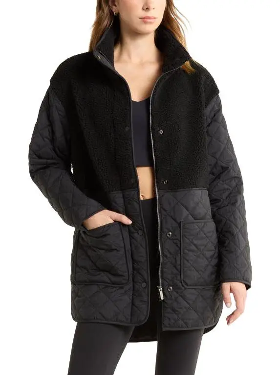 Zella Faux Shearling Hybrid Quilted Long Jacket - Black