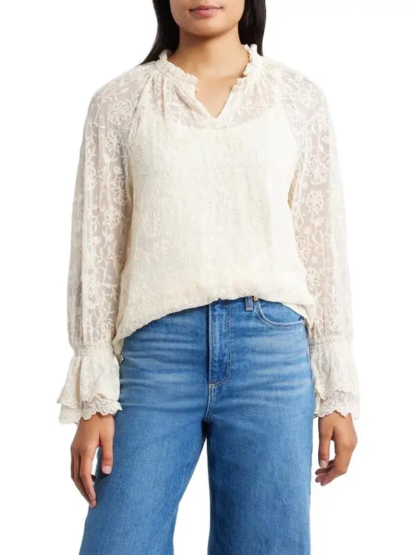 Wit & Wisdom Floral Embroidery Mesh Top - Blanched Almond