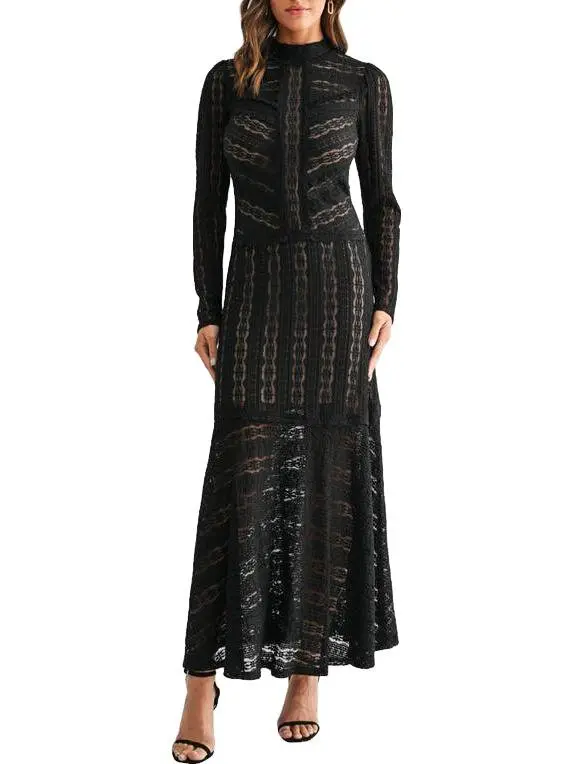 QUINCY MAE Lace Chevron Stripe Maxi Dress - Black