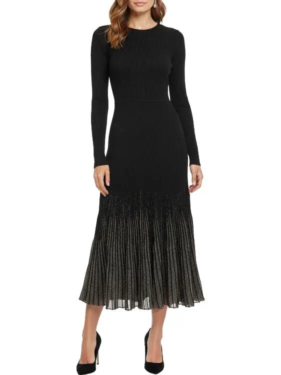 QUINCY MAE Shimmer Pleat Long Sleeve Maxi Sweater Dress - Black Gold