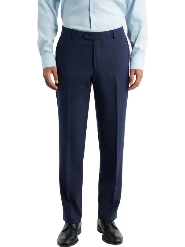 Berle Saxony Trim Fit Flat Front Thatch Weave Wool Blend Dress Pants - Navy