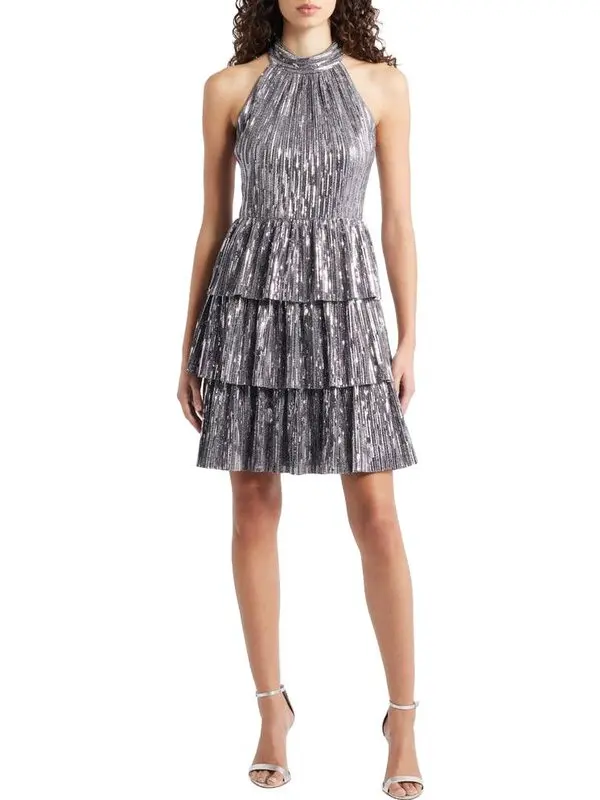Eliza J Sequin Tiered Cocktail Dress - Silver