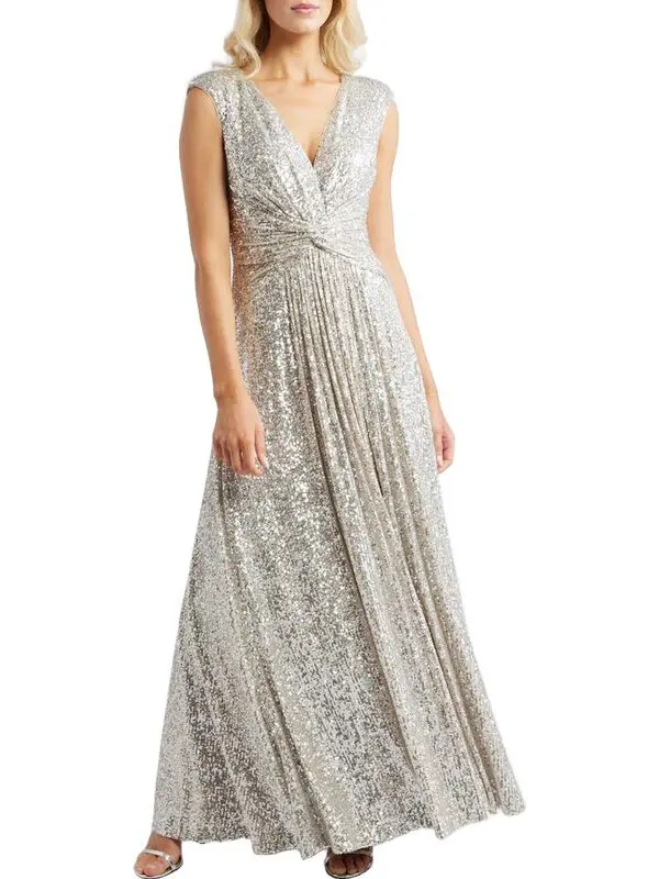 Eliza J Sequin Twist Front Gown - Silver