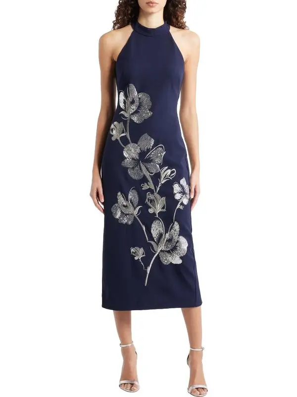 Vince Camuto Sequin Crepe Cocktail Dress - Navy