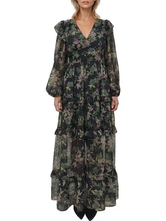 MELLODAY Printed Ruffle Maxi Dress - Hunter Green Floral