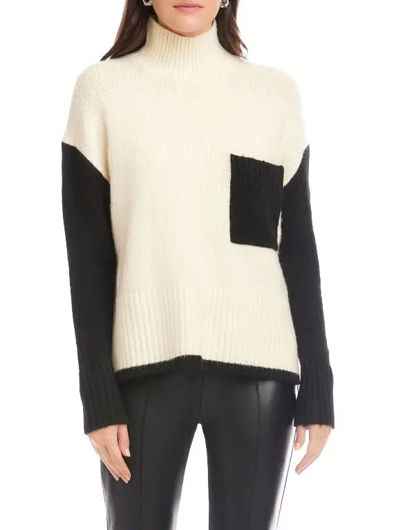 Fifteen Twenty Colorblock Mock Neck Sweater - Black/cream