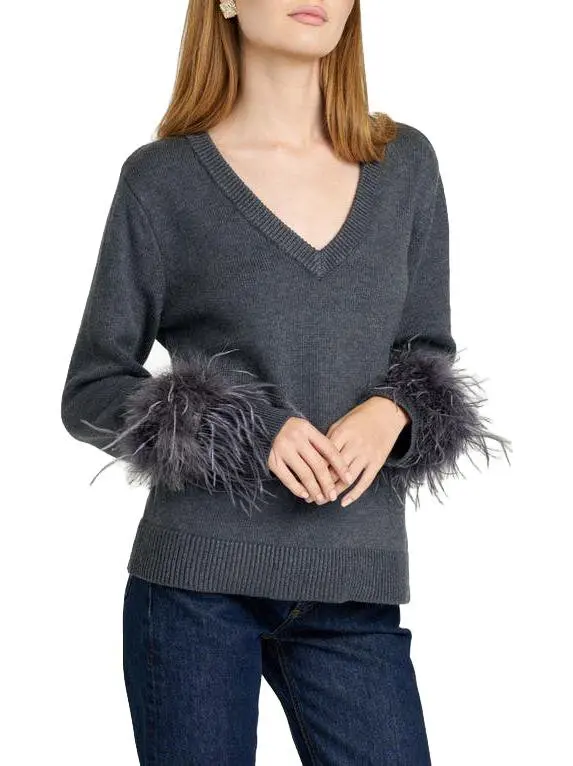 WAYF Bethany Feather Trim Sweater - Charcoal