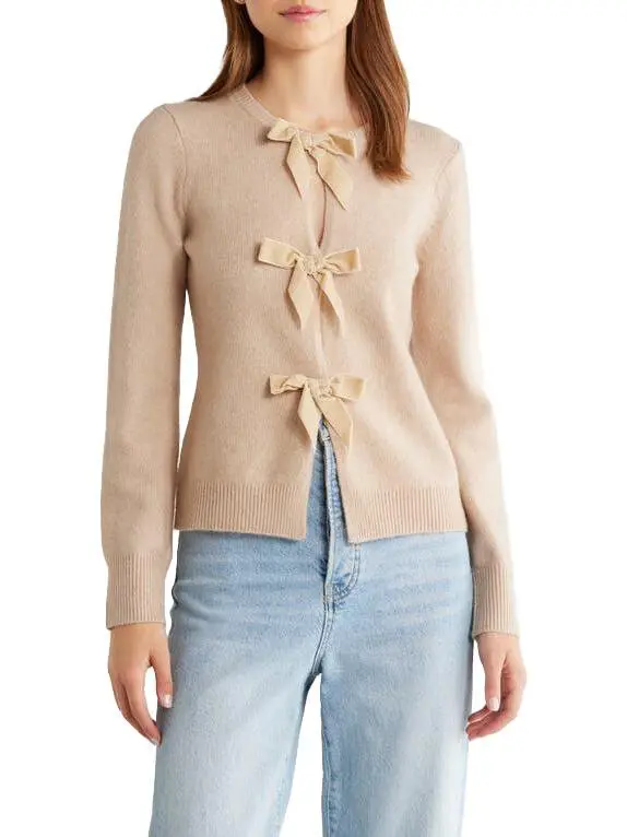 WAYF Kayla Velvet Bow Front Cardigan - Beige