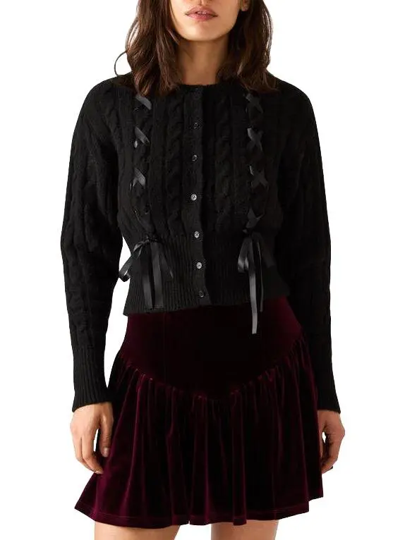 Steve Madden Ribbon Detail Cable Cardigan - Black