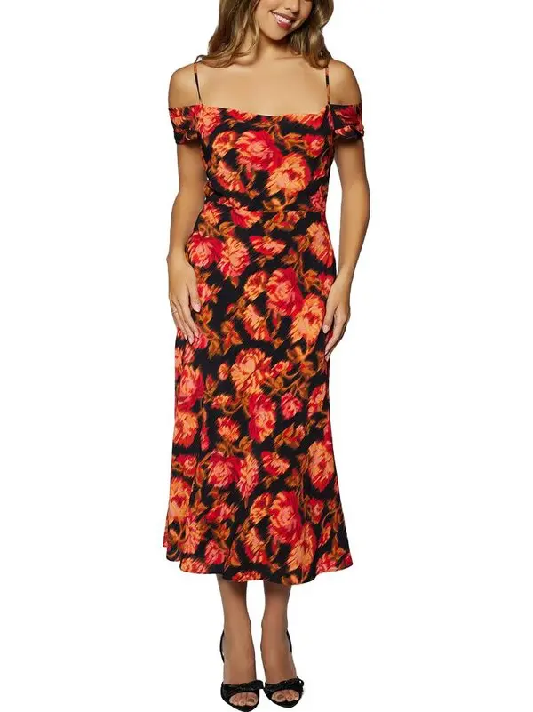 LOST + WANDER Floral Print Cold Shoulder Midi Dress - Black Red Floral