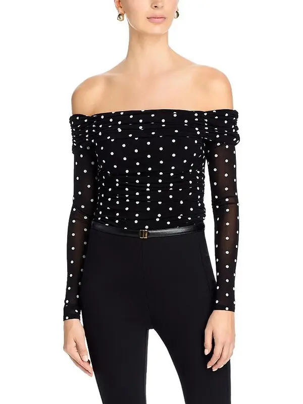 Aqua Off-the-shoulder Polka Dot Mesh Top - Black/white