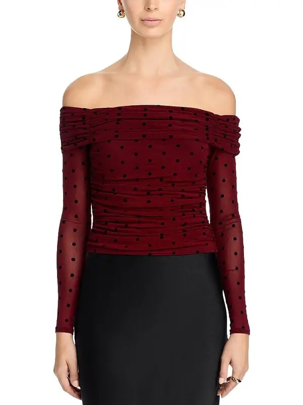 Aqua Off-the-shoulder Polka Dot Mesh Top - Burgundy/black