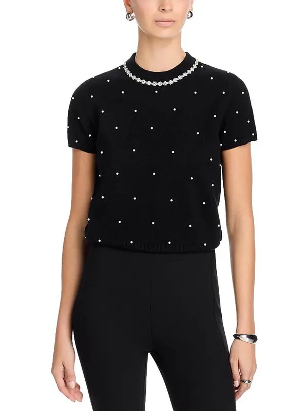 Aqua Faux Pearl Embellished Short Sleeve Sweater - Black