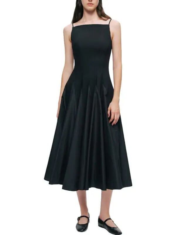 NOCTURNE Square Neck Pleated Midi Dress - Black