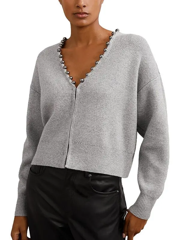 REISS Beaded Trim Cardigan - Grey