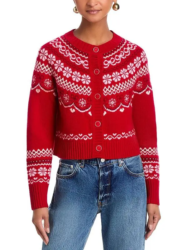 LoveShackFancy Shantae Merino Wool Fair Isle Cardigan - Red Velvet