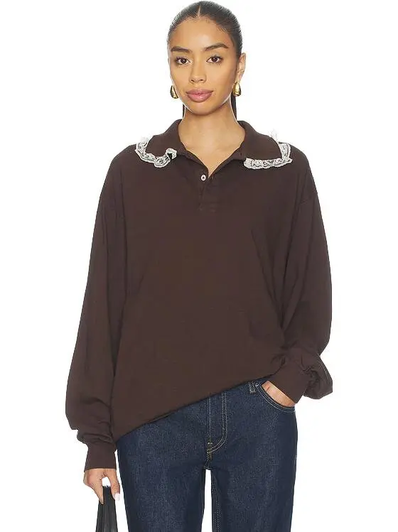 TANNER FLETCHER Cletus Lace Trim Polo Top - Brown