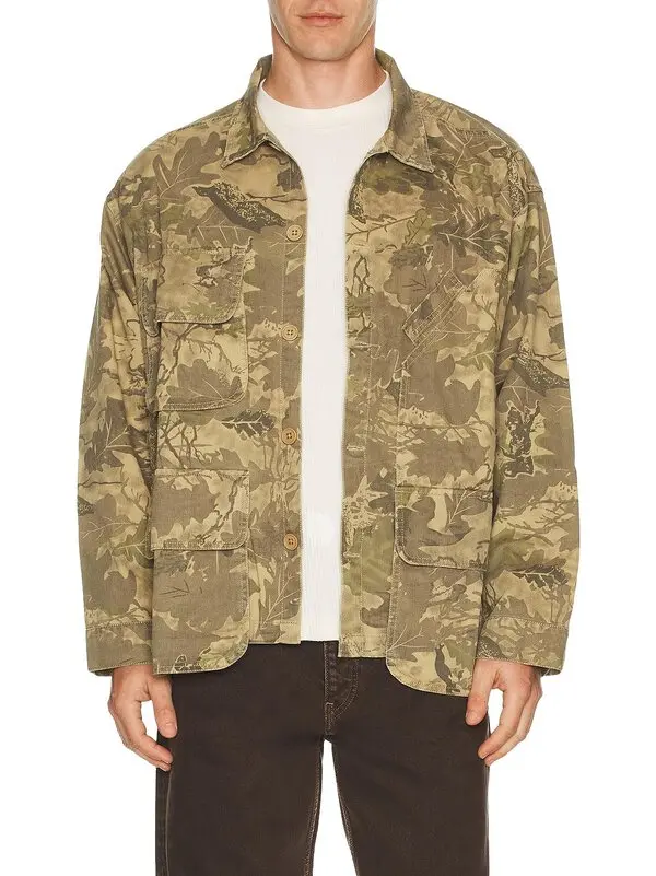 BRAIN DEAD Twill Military Shirt Jacket In Green - Leaf Camo