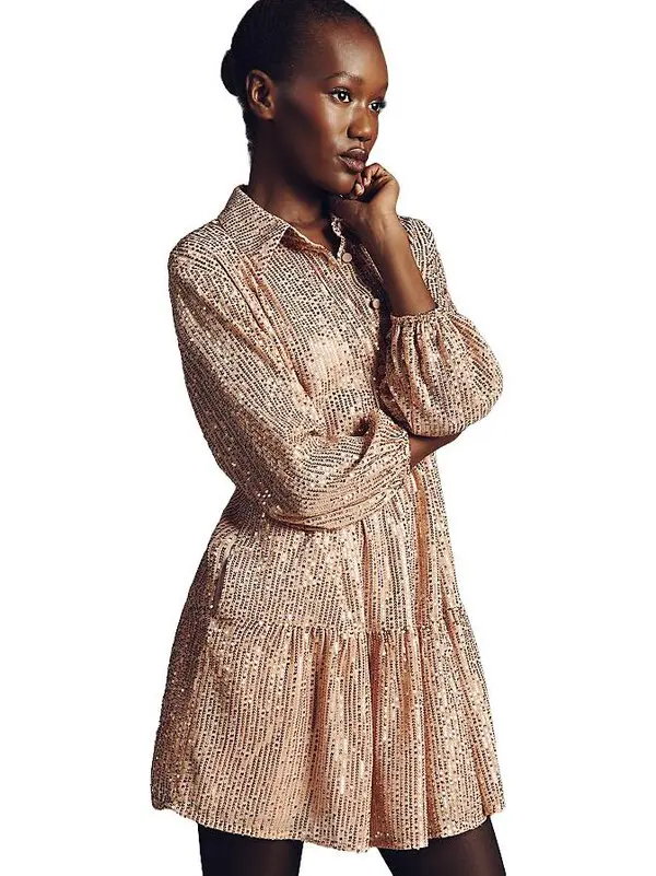 Maeve The Bettina Sequin Tiered Mini Shirt Dress - Rose Gold