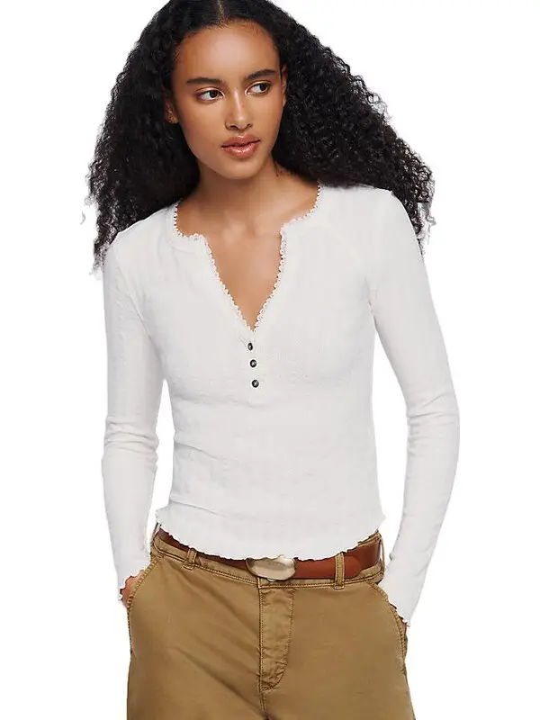 PILCRO Long-sleeve Ruffled Lace-trim Henley Top - Cloud Dancer