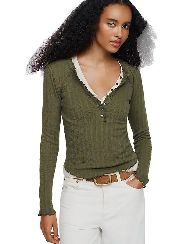 PILCRO Long-sleeve Ruffled Lace-trim Henley Top - Olive