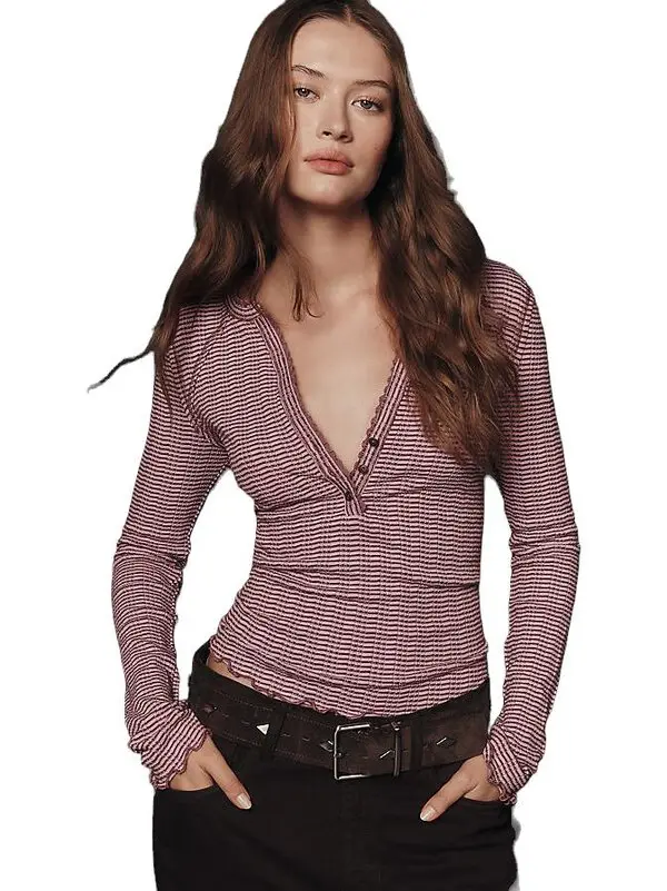 PILCRO Long-sleeve Ruffled Lace-trim Henley Top - Purple Pattern